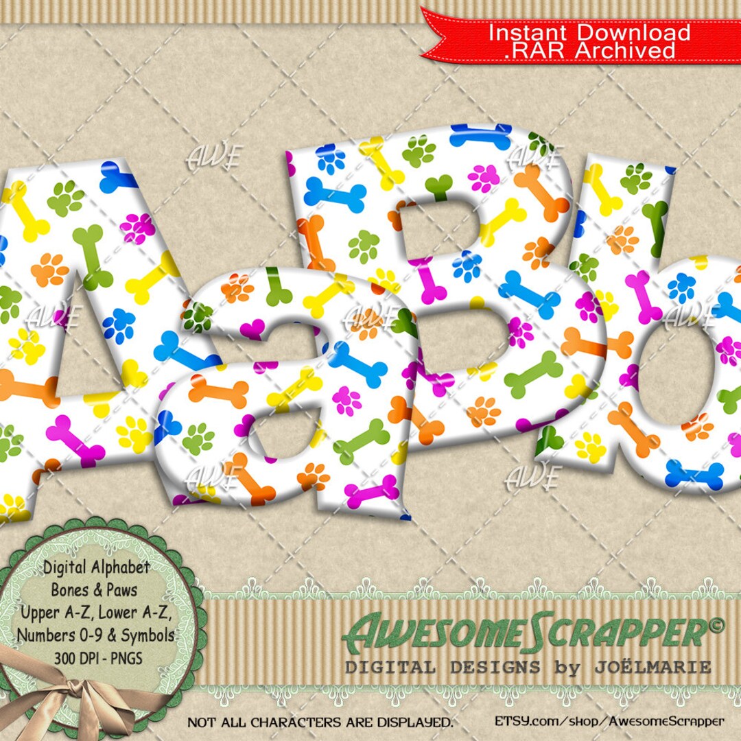 Bones and Paws Digital Alphabet by Awesomescrapper, High Quality 300 ...