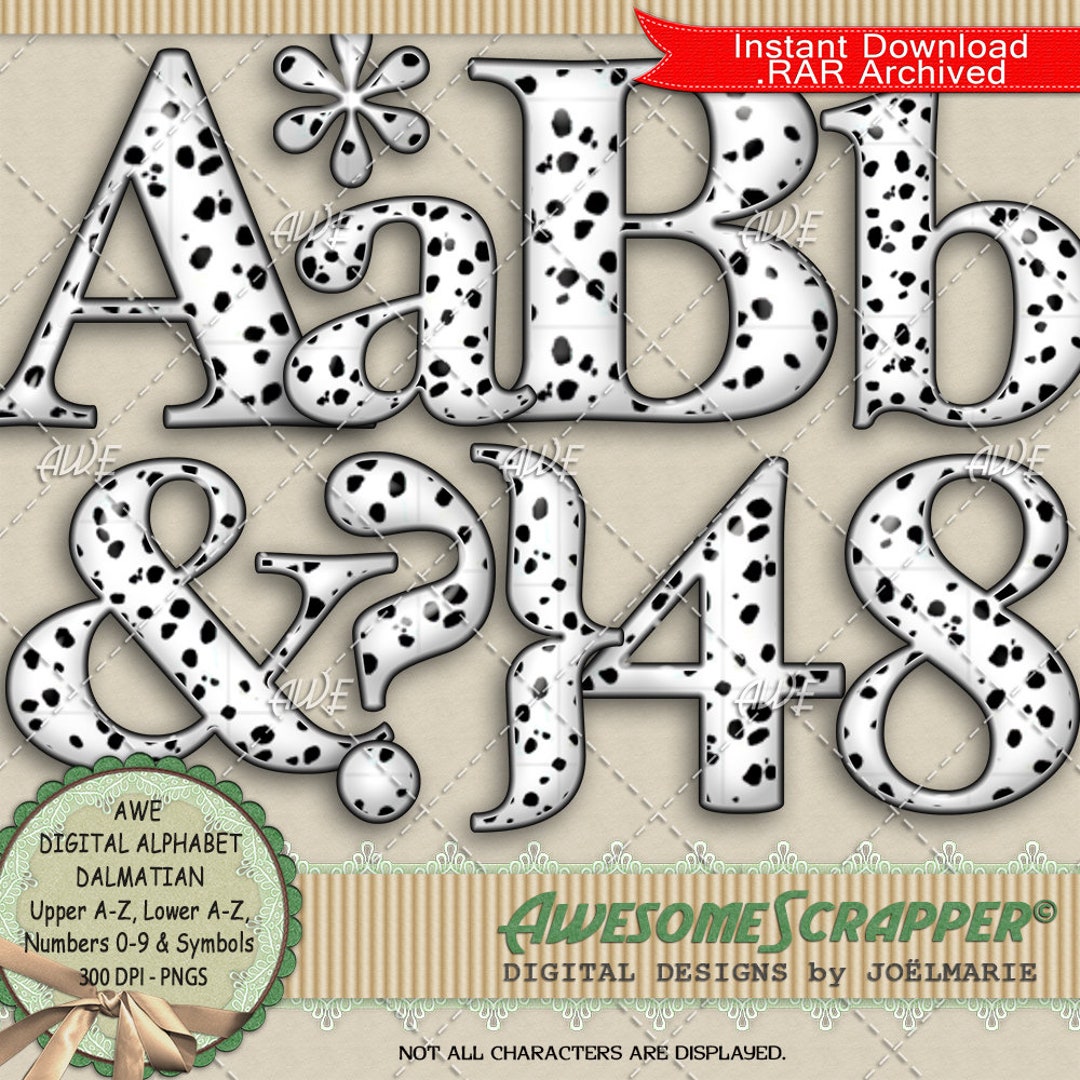 Dalmatian Digital Alphabet, by Awesomescrapper - High Quality 300 DPI ...