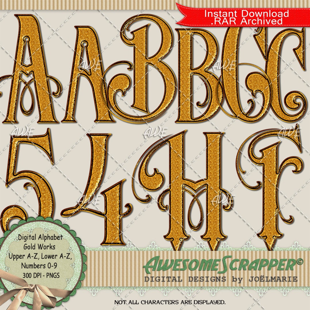Gold Works Digital Alphabet by Awesomescrapper - High Quality, 300 DPI ...