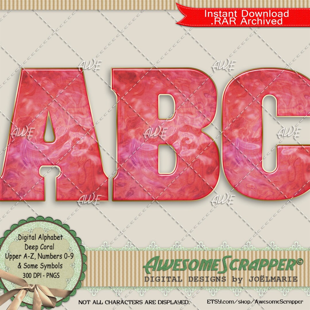 Deep Coral Digital Alphabet by Awesomescrapper - High Quality, 300 DPI ...