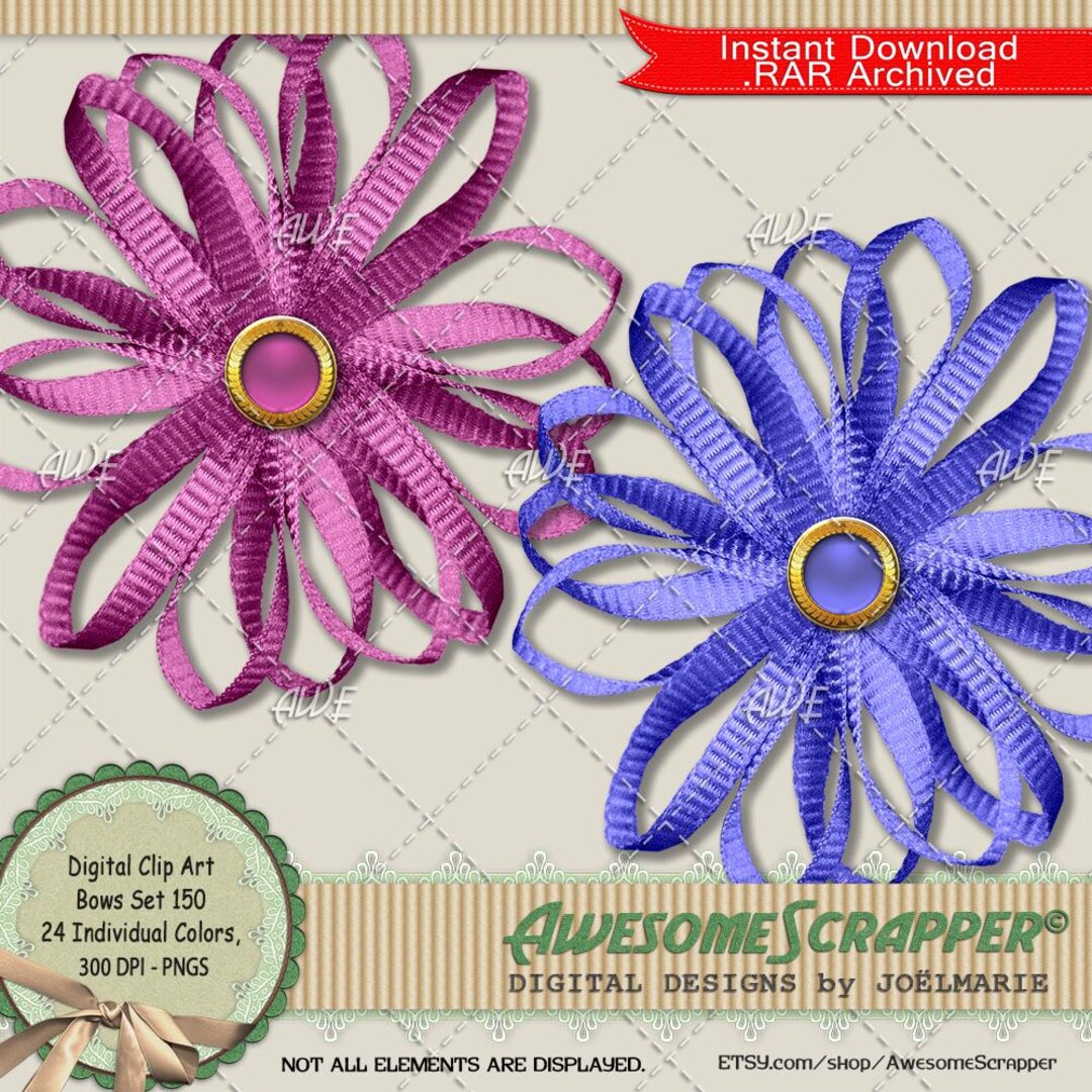AWE Bows Set 150, Digital Clip Art, 24 Elements, Various Colors, Multi ...