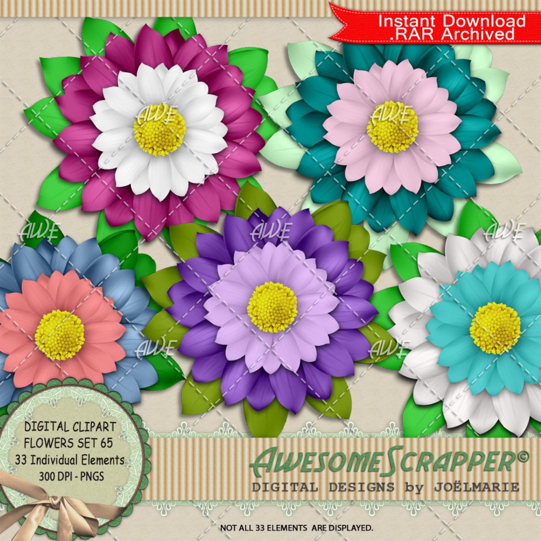 Flower Set 65, Digital Clipart, by Awesomescrapper, Set of 33 Color ...
