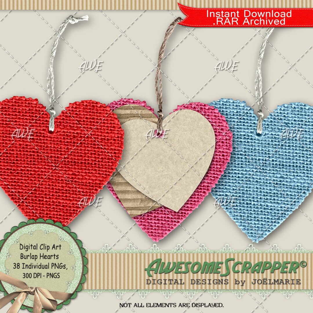 Burlap Hearts Digital Clip Art by Awesomescrapper - High Quality, 300 ...