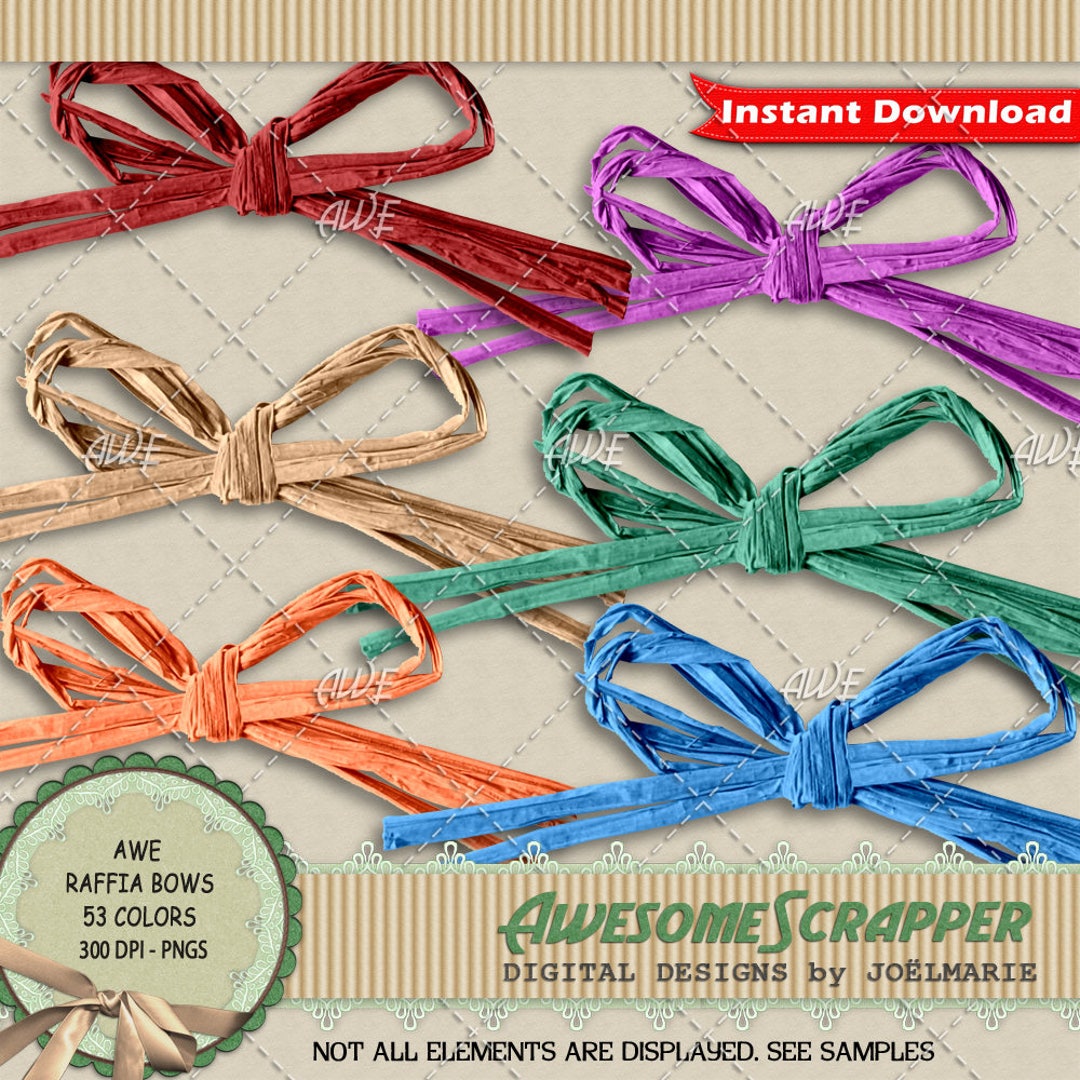 Raffia Bows Digital Clipart by Awesomescrapper - Set of 53 Colors, High ...