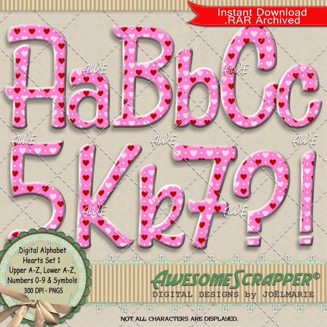 Hearts Set 1 Digital Alphabet by Awesomescrapper - High Quality, 300 ...