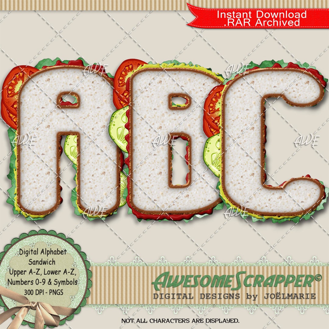 Sandwich Digital Alphabet by Awesomescrapper High Quality, 300 DPI Pngs ...