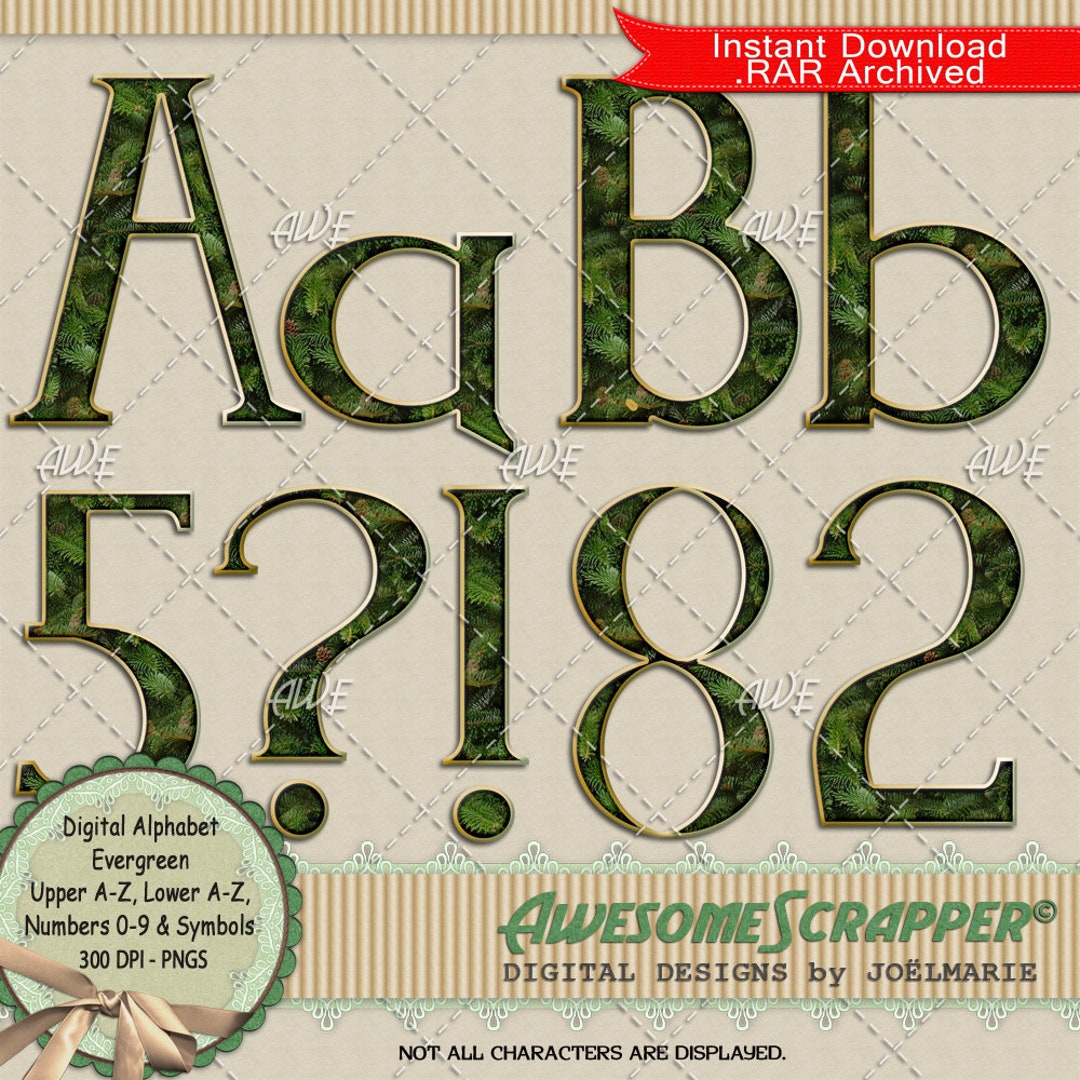 Evergreen Digital Alphabet by Awesomescrapper - High Quality, 300 DPI ...