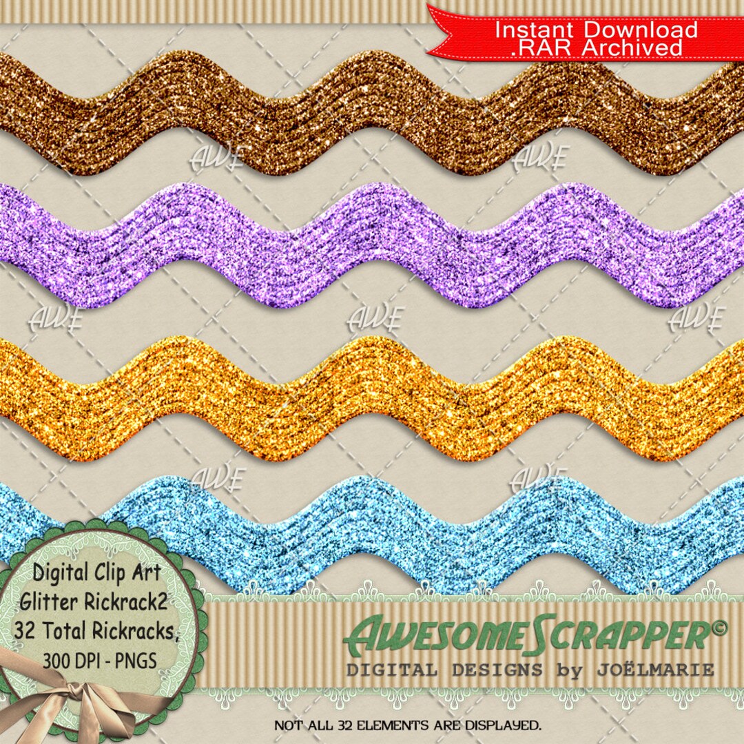 Glitter Rickrack - Digital Clip Art by Awesomescrapper - Set of 32 ...