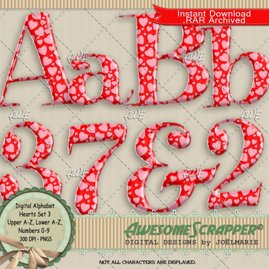 Hearts Set 3 Digital Alphabet by Awesomescrapper - High Quality, 300 ...