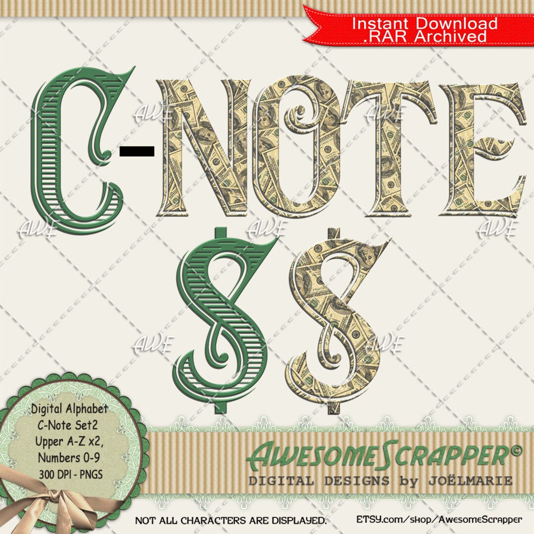C-note Set2 Digital Alphabet by Awesomescrapper - High Quality, 300 DPI ...
