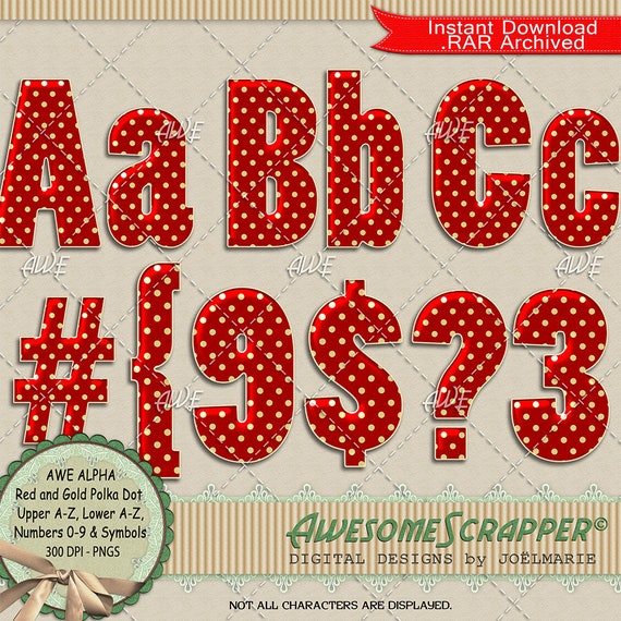 Red and Gold Polka Dot Digital Alphabet by Awesomescrapper | Etsy