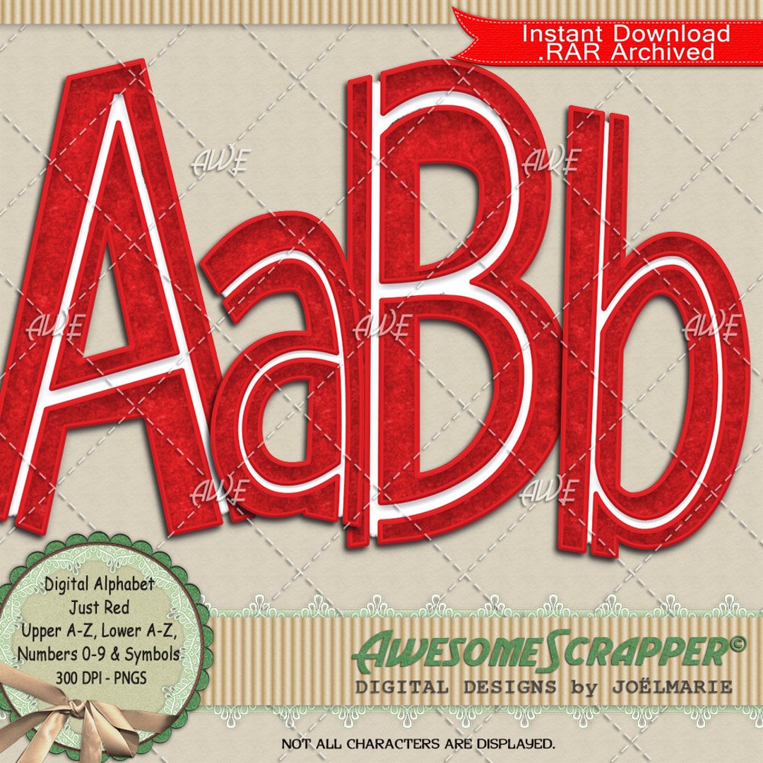 Just Red Digital Alphabet by Awesomescrapper - High Quality, 300 DPI ...