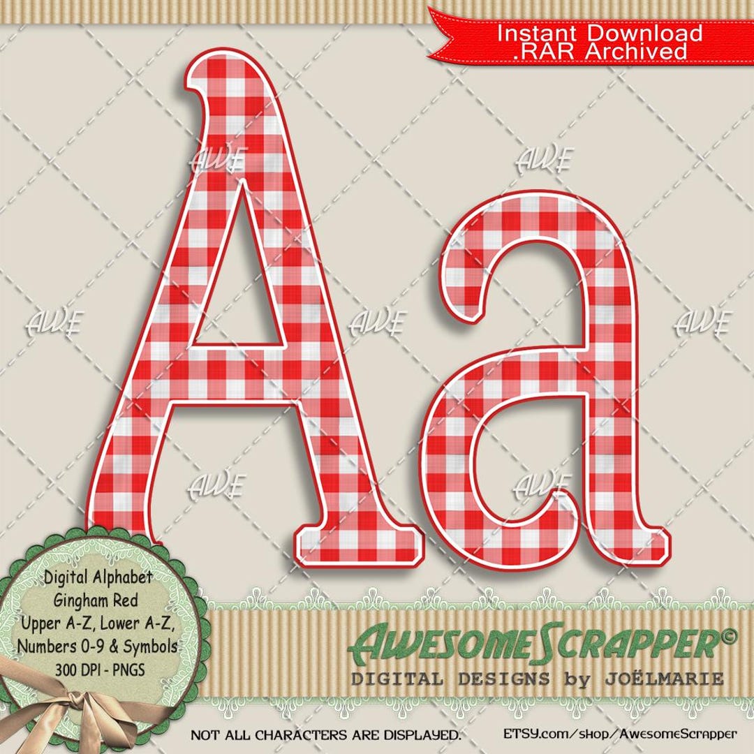 Gingham Red Digital Alphabet by Awesomescrapper, High Quality 300 DPI ...