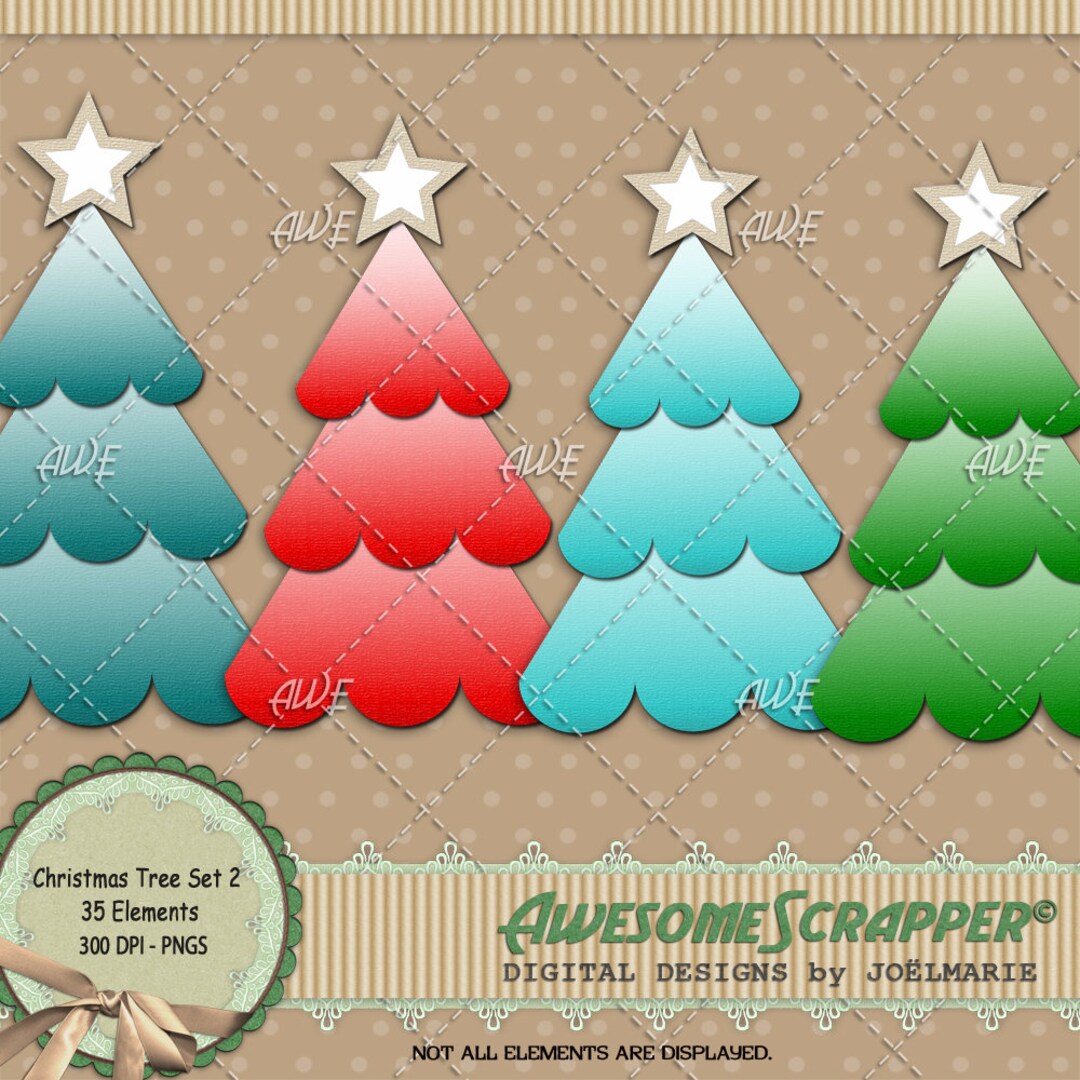 Christmas Tree Set 2, Digital Clipart Set of 35 Elements, by ...