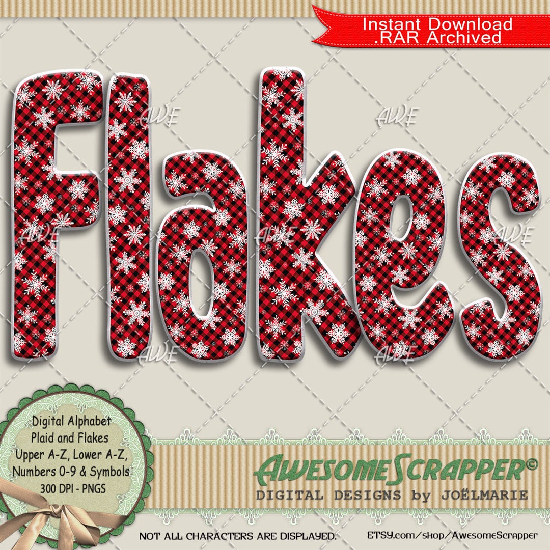 Plaid and Flakes Digital Alphabet by Awesomescrapper, High Quality 300 DPI Pngs, Buffalo Plaid ...