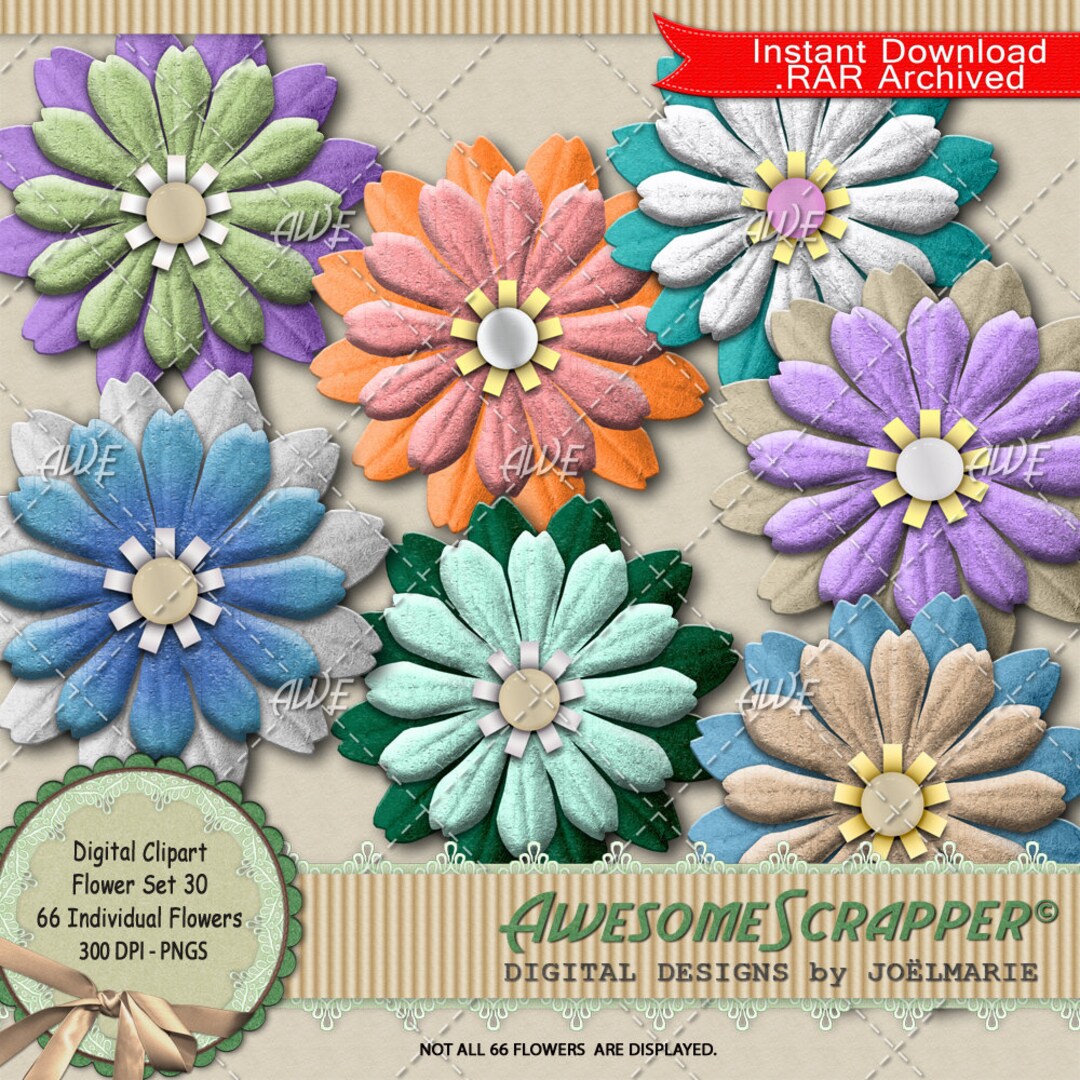 Flower Set 30, Digital Clipart by Awesomescrapper, Set of 66 Color ...