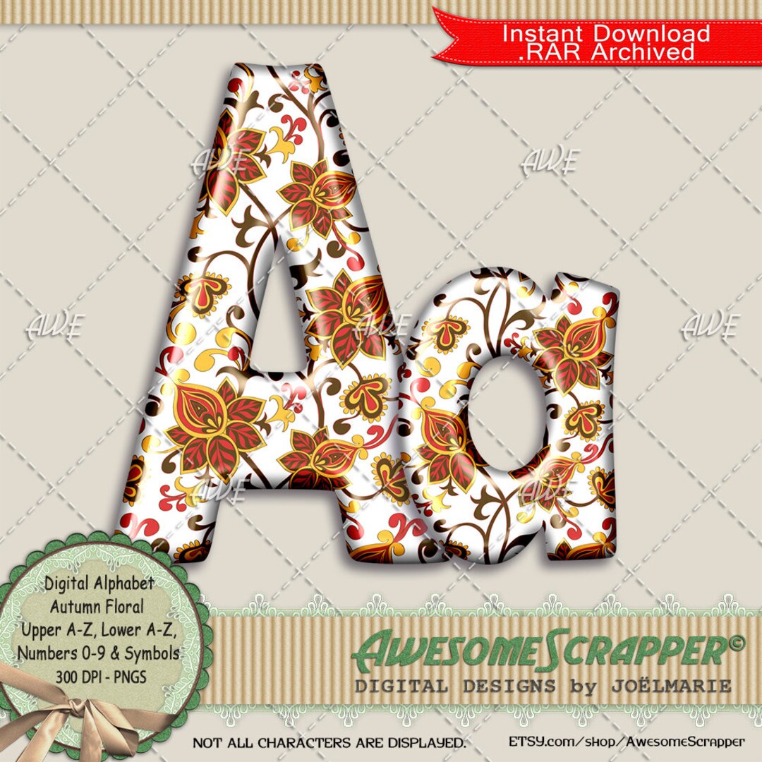 Autumn Floral Digital Alphabet by Awesomescrapper, High Quality 300 DPI ...