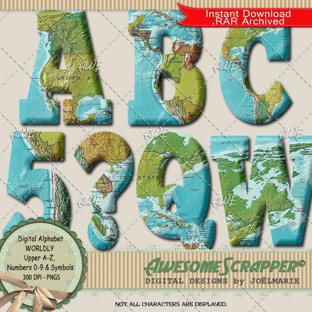 Worldly Digital Alphabet by Awesomescrapper High Quality, 300 DPI Pngs ...