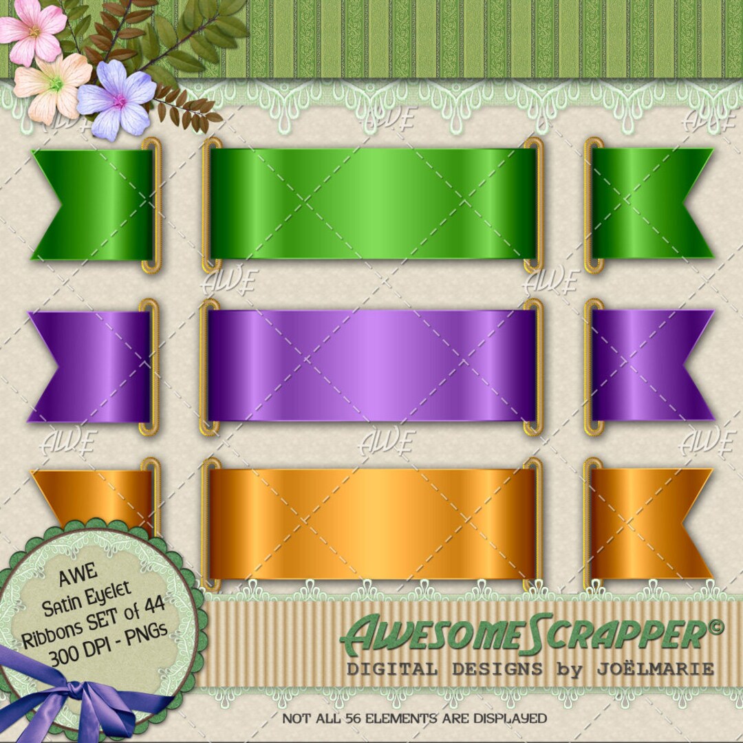 Digital Clipart - AWE Satin Eyelet Ribbons, Set of 44, Multi Color ...