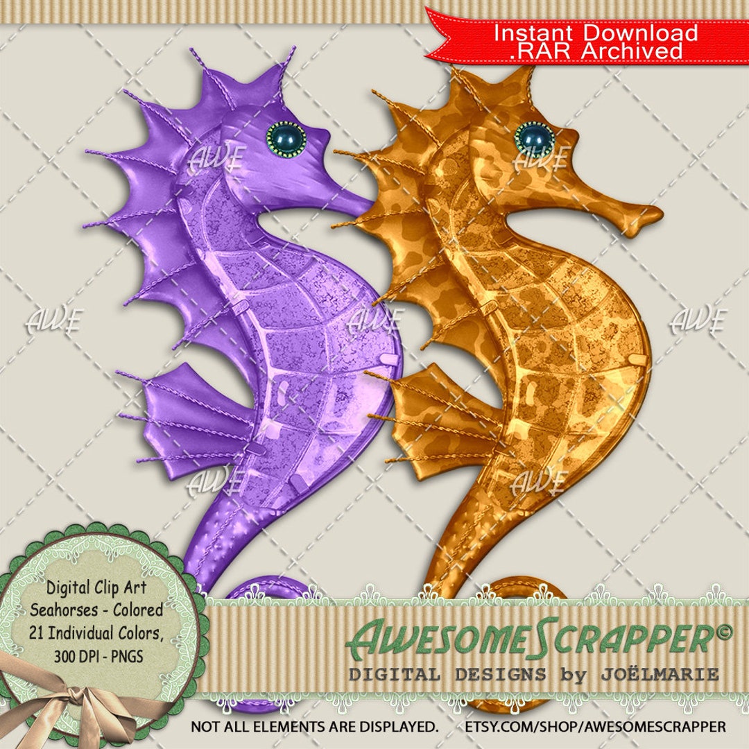 Seahorses Colored Digital Clip Art by Awesomescrapper - High Quality ...