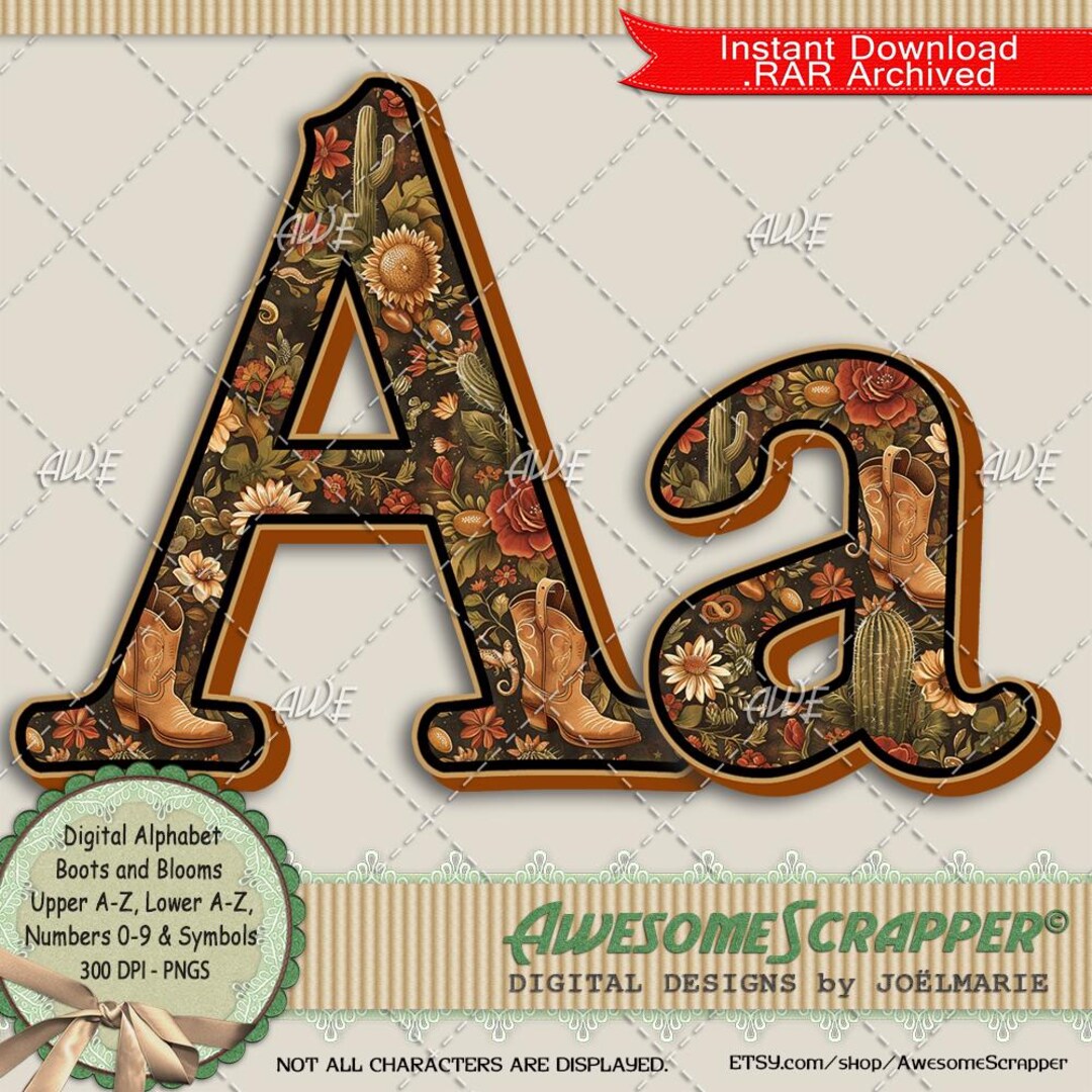 Boots and Blooms Digital Alphabet by Awesomescrapper, High Quality 300 ...