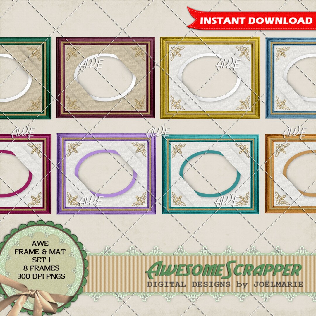 Digital Clipart - Wooden Frames With Oval Canvas Mats Set 1- Multi ...