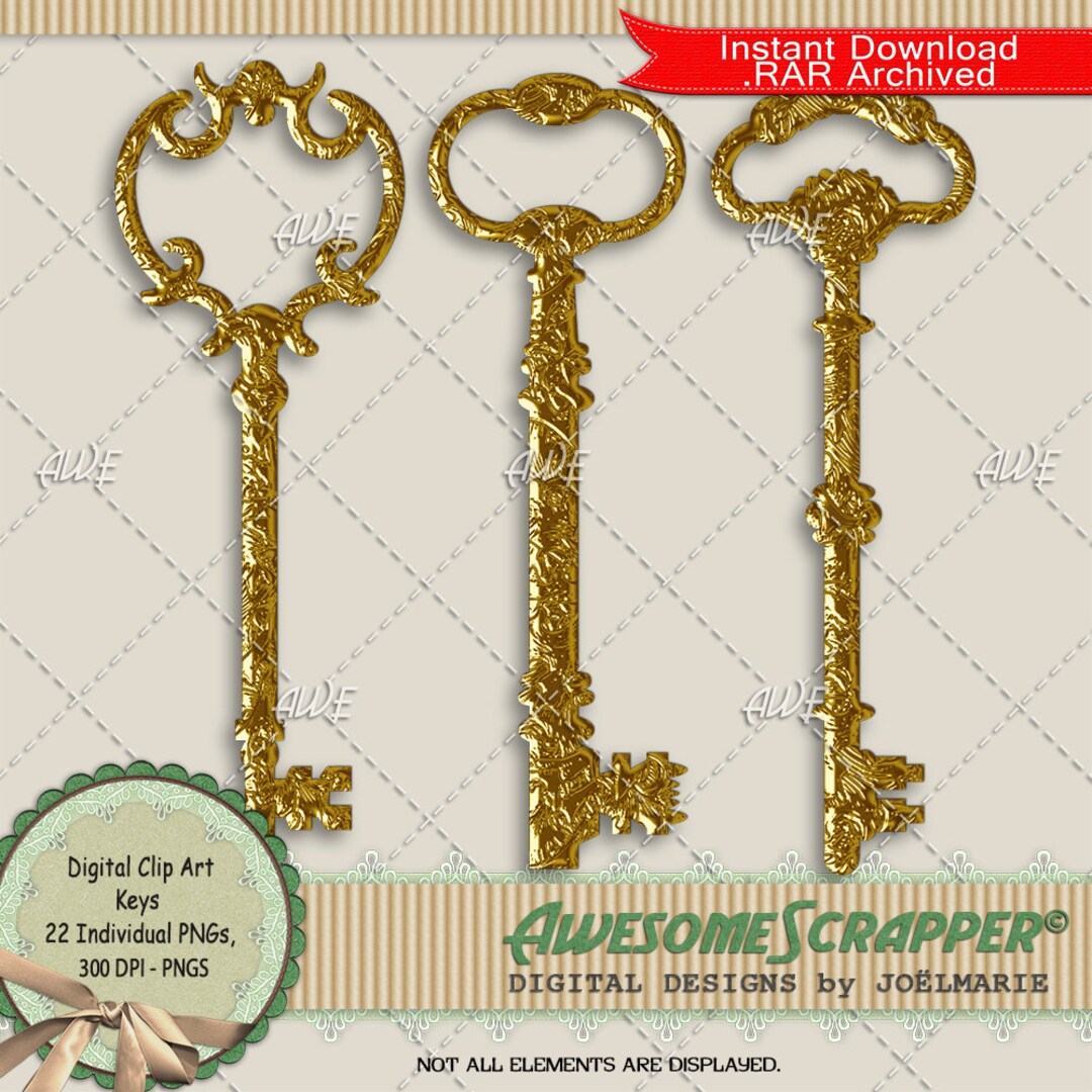 Keys Digital Clip Art by Awesomescrapper, Set of 22, Gold, Gold ...