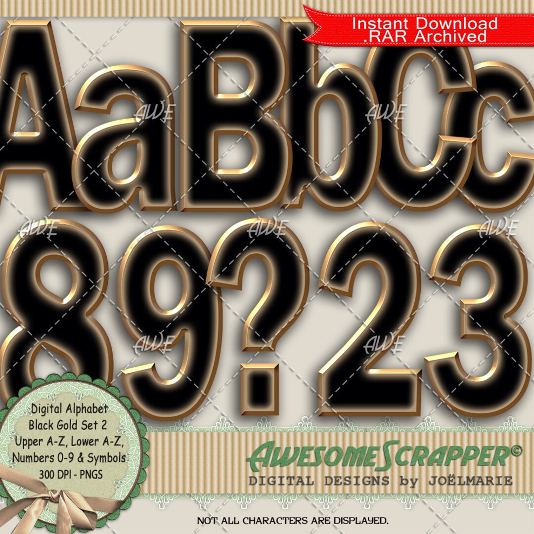Black Gold Set2 Digital Alphabet by Awesomescrapper - High Quality, 300 ...