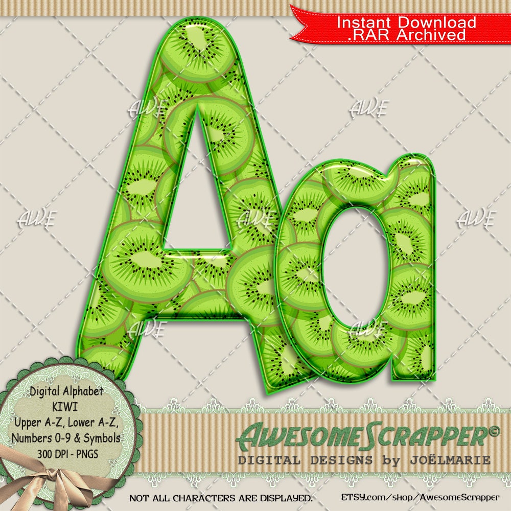 KIWI Digital Alphabet by Awesomescrapper, High Quality 300 DPI Pngs ...