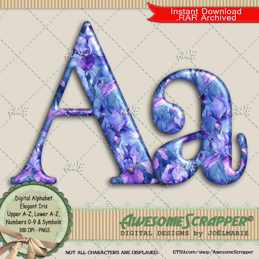 Elegant Iris Digital Alphabet by Awesomescrapper, High Quality 300 DPI ...