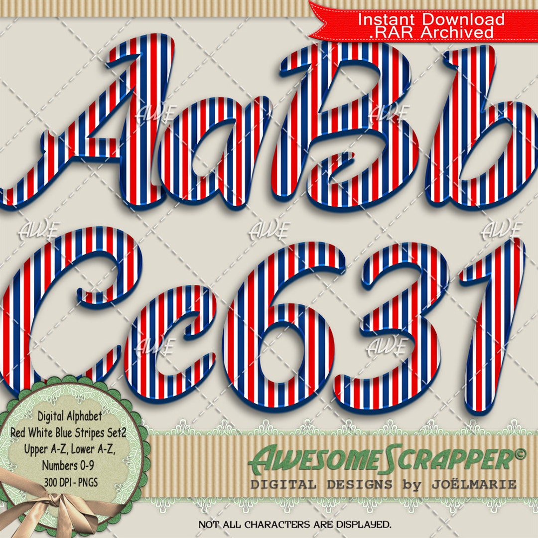 Red White Blue Stripes Set2 Digital Alphabet by Awesomescrapper - High ...