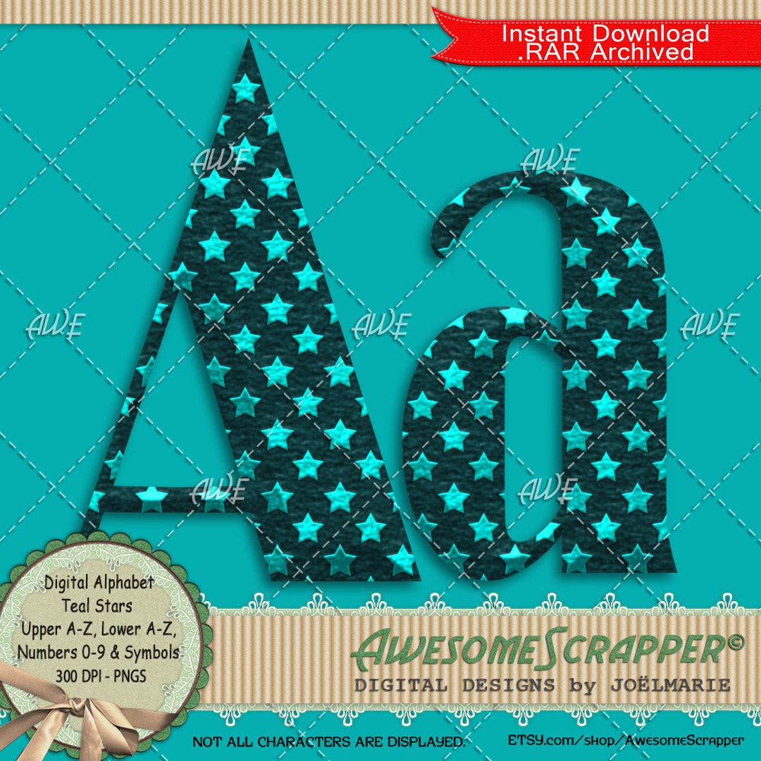 Teal Stars Digital Alphabet by Awesomescrapper, High Quality 300 DPI ...