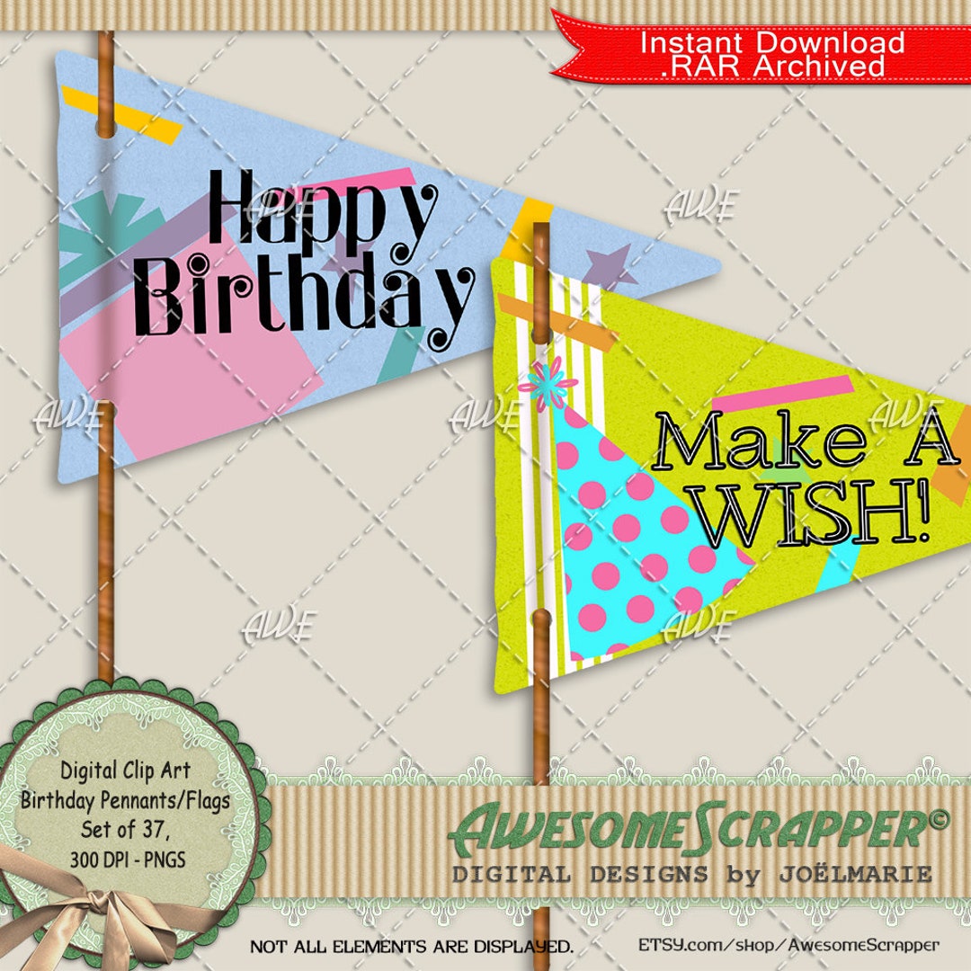 Birthday Pennants Digital Clip Art by Awesomescrapper - High Quality ...
