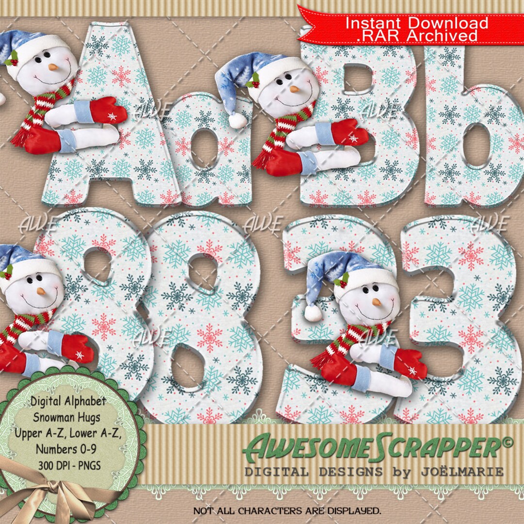 Snowman Hugs Digital Alphabet by Awesomescrapper High Quality, 300 DPI ...