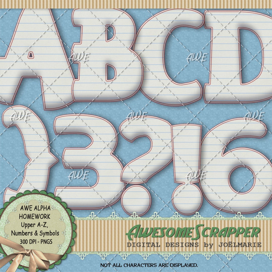 Digital Clipart - Homework Alphabet, Upper Case A-Z, Numbers, Symbols ...