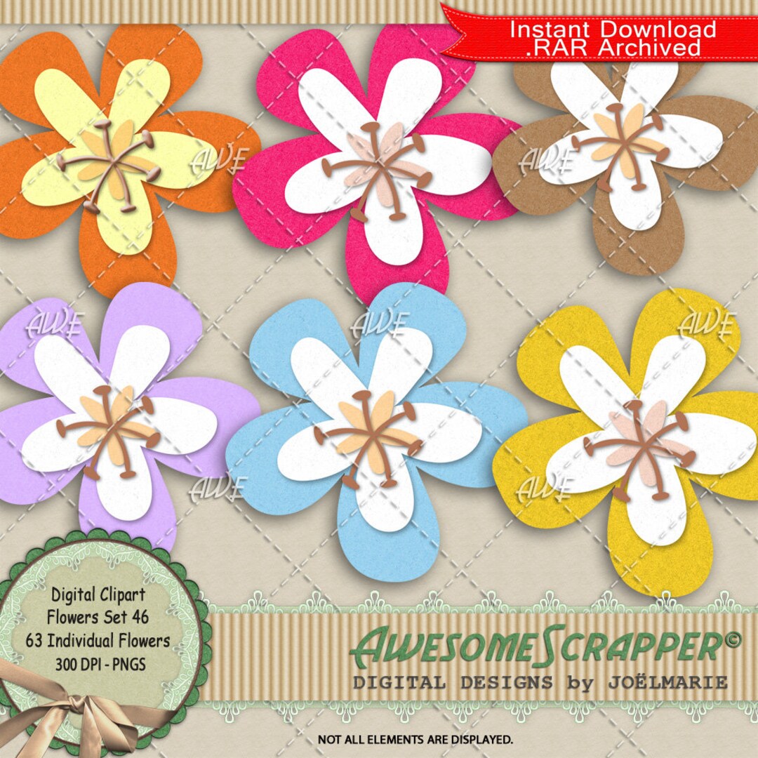 Flower Set 46, Digital Clipart by Awesomescrapper, Set of 63 Flowers in ...