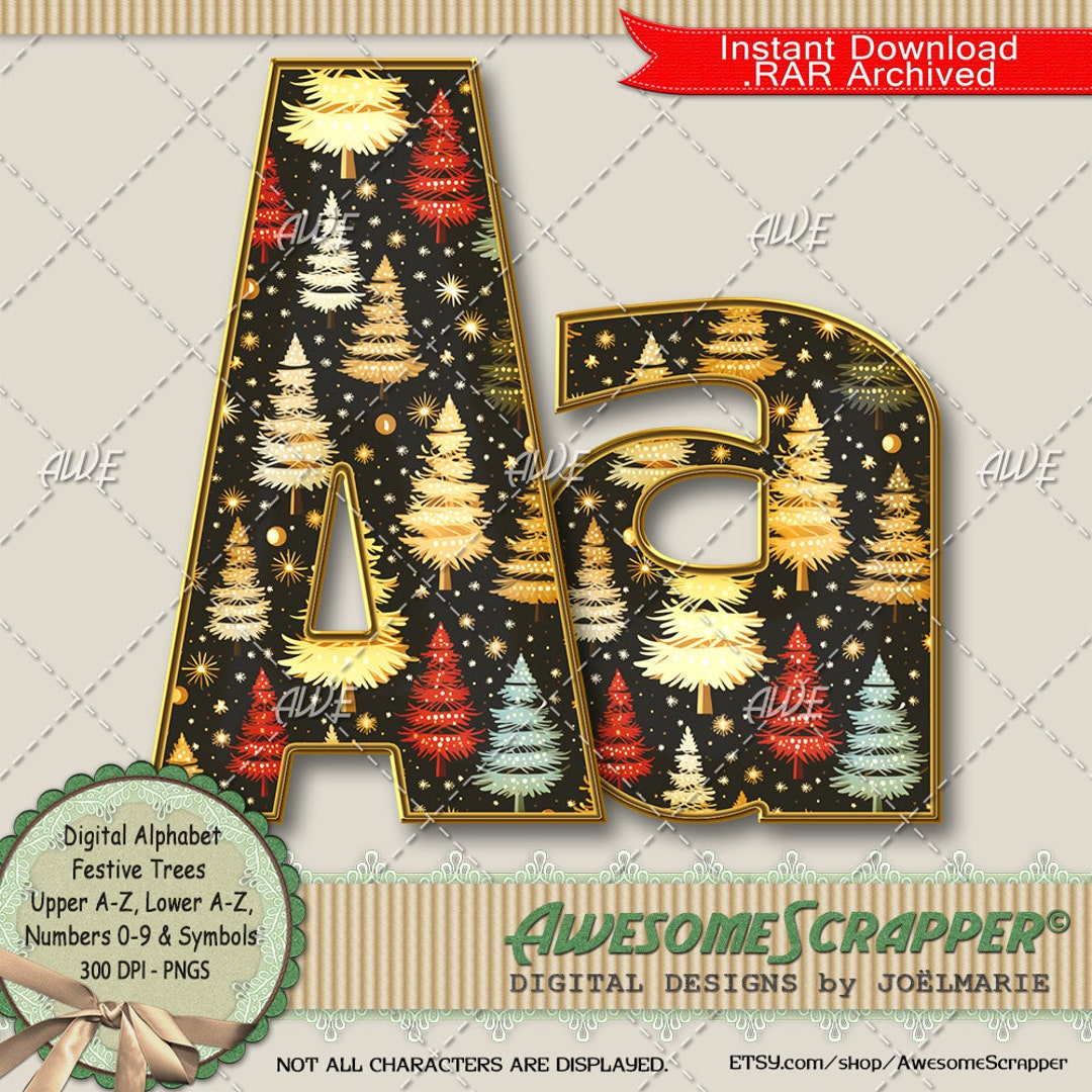 Festive Trees Digital Alphabet by Awesomescrapper, High Quality 300 DPI ...