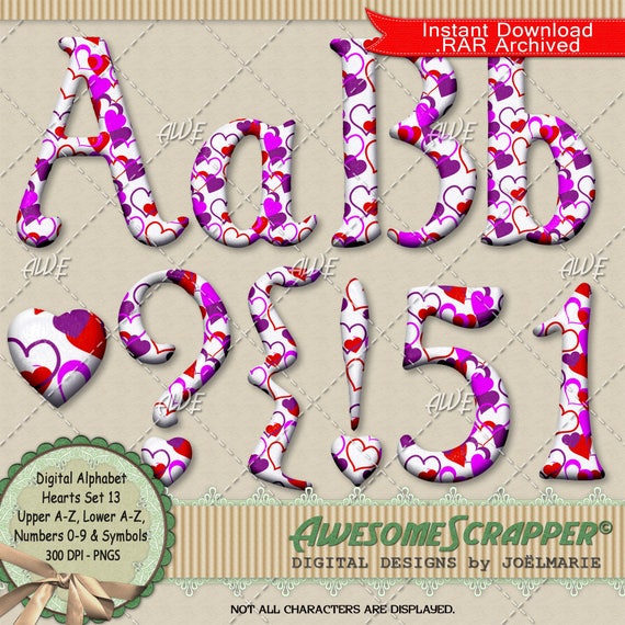 Hearts Set 13 Digital Alphabet by Awesomescrapper High | Etsy