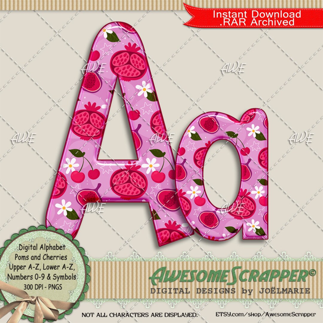 Poms and Cherries Digital Alphabet by Awesomescrapper, High Quality 300 ...