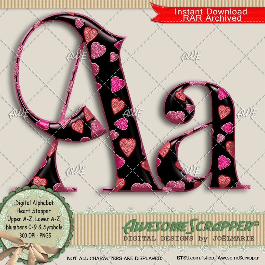 Heart Stopper Digital Alphabet by Awesomescrapper, High Quality 300 DPI ...