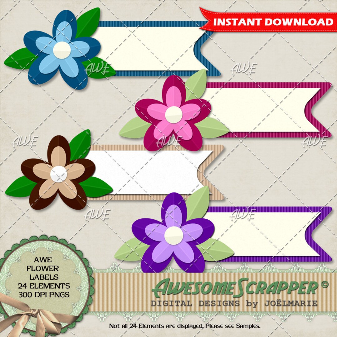 Digital Clipart Flower Labels, Set of 24 Multi Color, Scrapbooking ...