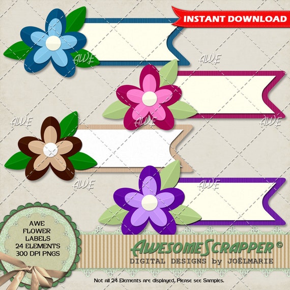 Digital Clipart Flower Labels Set of 24 Multi Color | Etsy