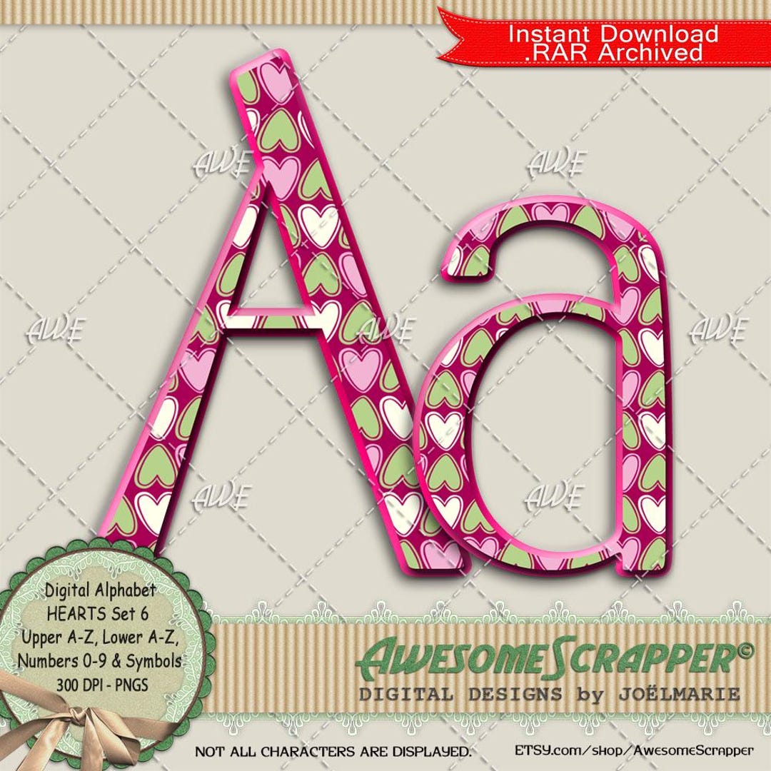 Hearts Set 6 Digital Alphabet by Awesomescrapper, High Quality 300 DPI ...