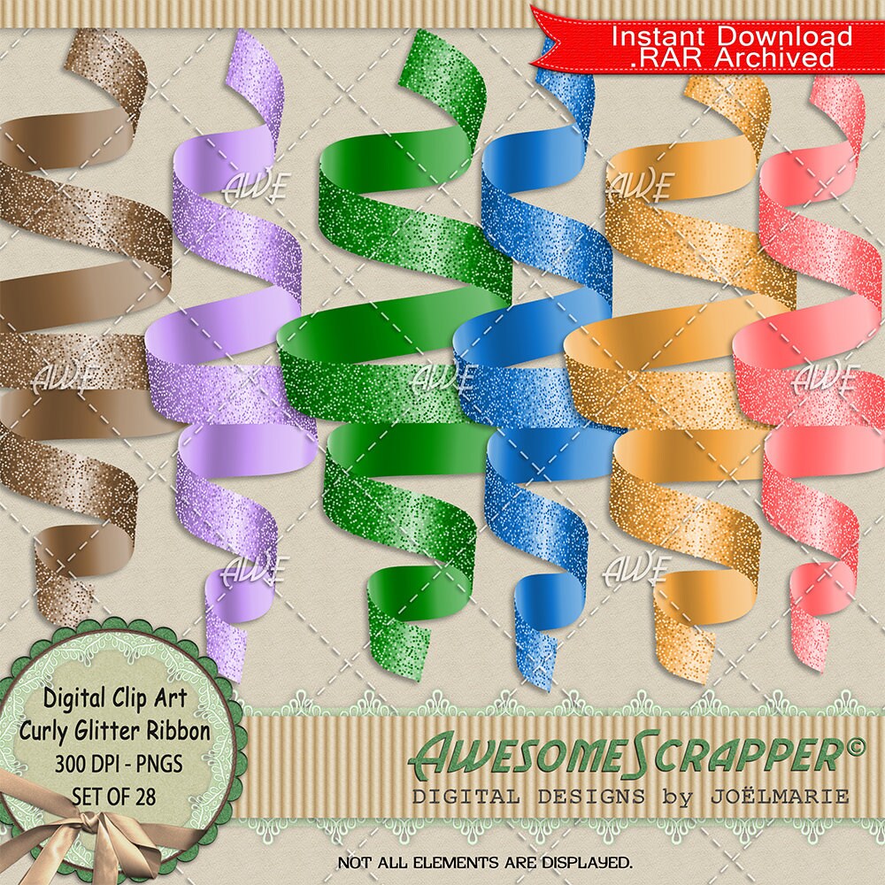 Curly Glitter Ribbon Digital Clipart by Awesomescrapper Set of 28, High ...