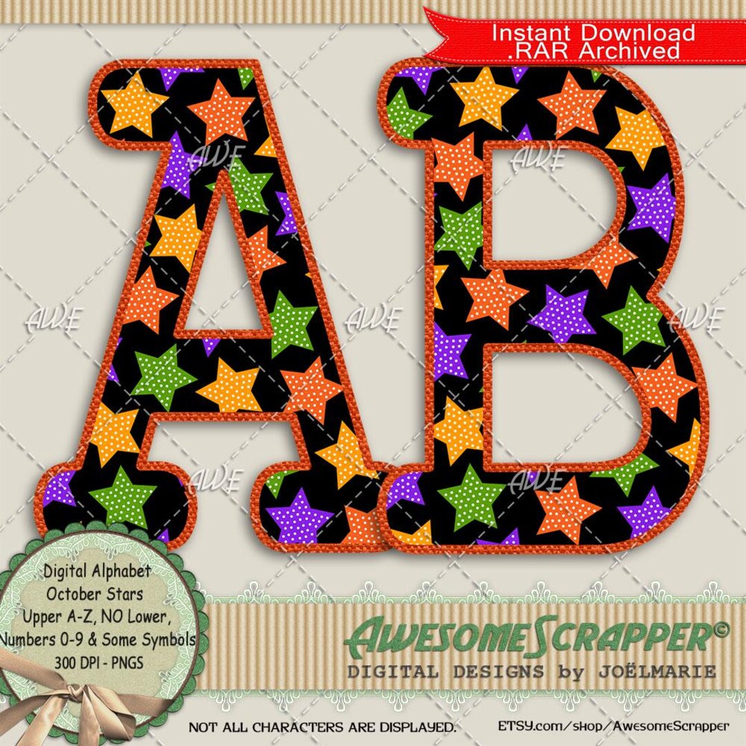 October Stars Digital Alphabet by Awesomescrapper, High Quality 300 DPI ...