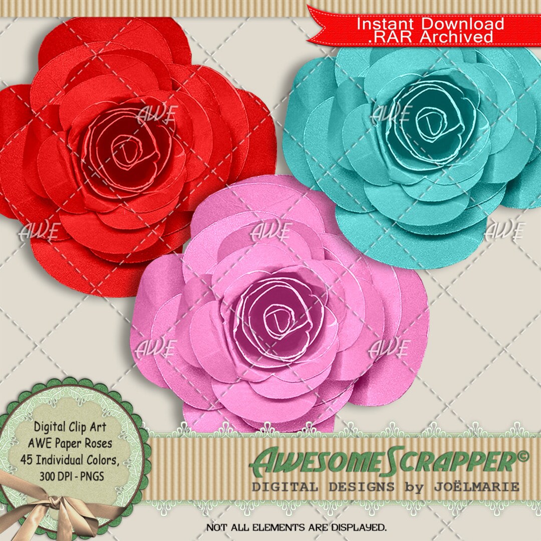 Paper Roses Digital Clip Art by Awesomescrapper - High Quality, 300 DPI ...