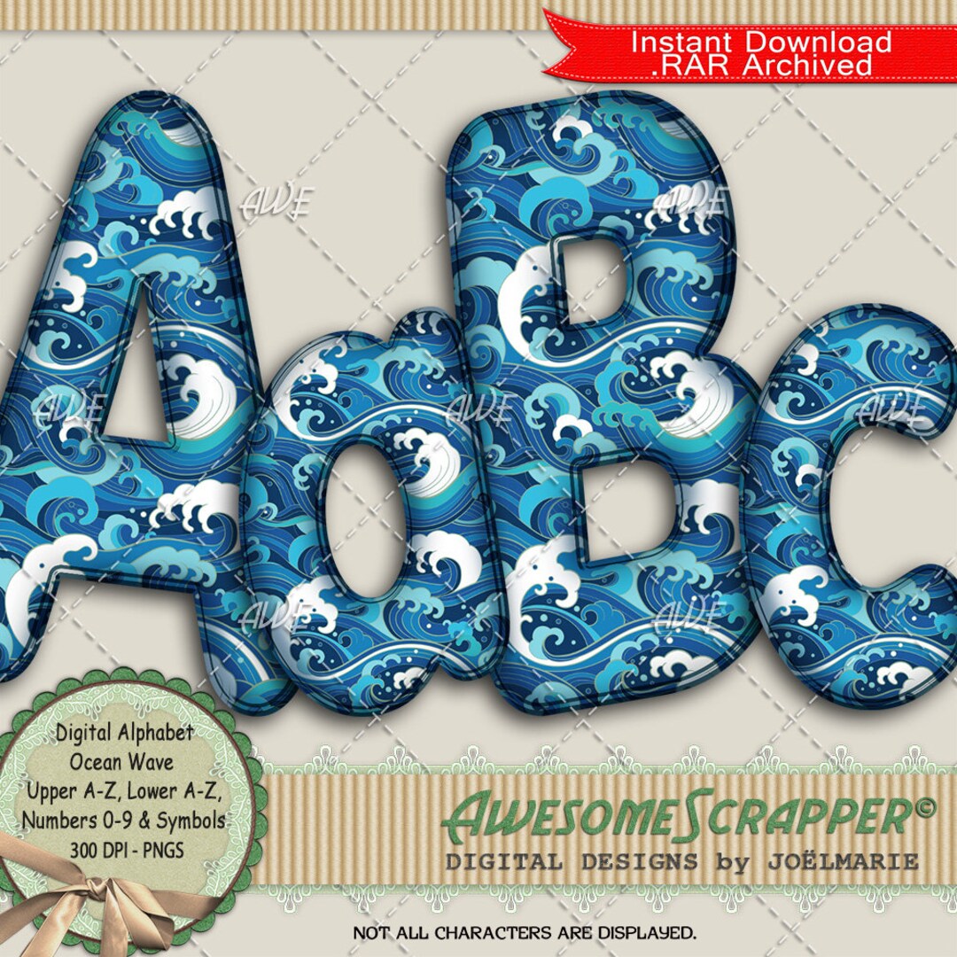 Ocean Waves Digital Alphabet by Awesomescrapper - High Quality, 300 DPI ...