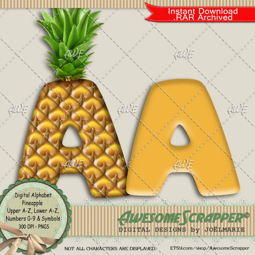 Pineapple Digital Alphabet by Awesomescrapper, High Quality 300 DPI Pngs, Gold, Brown, Green ...