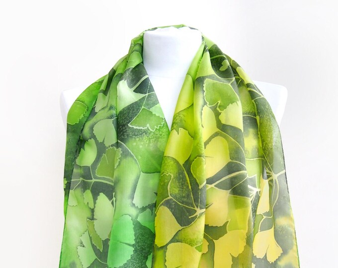 Ginko Silk Scarf, Hand Painted in Gradient Green Lime to Emerald, Leaf ...