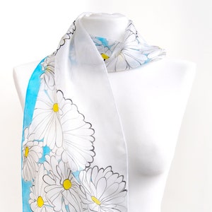 Daisy Silk Scarf Hand Painted on Pure Silk Slim Scarves in White and ...